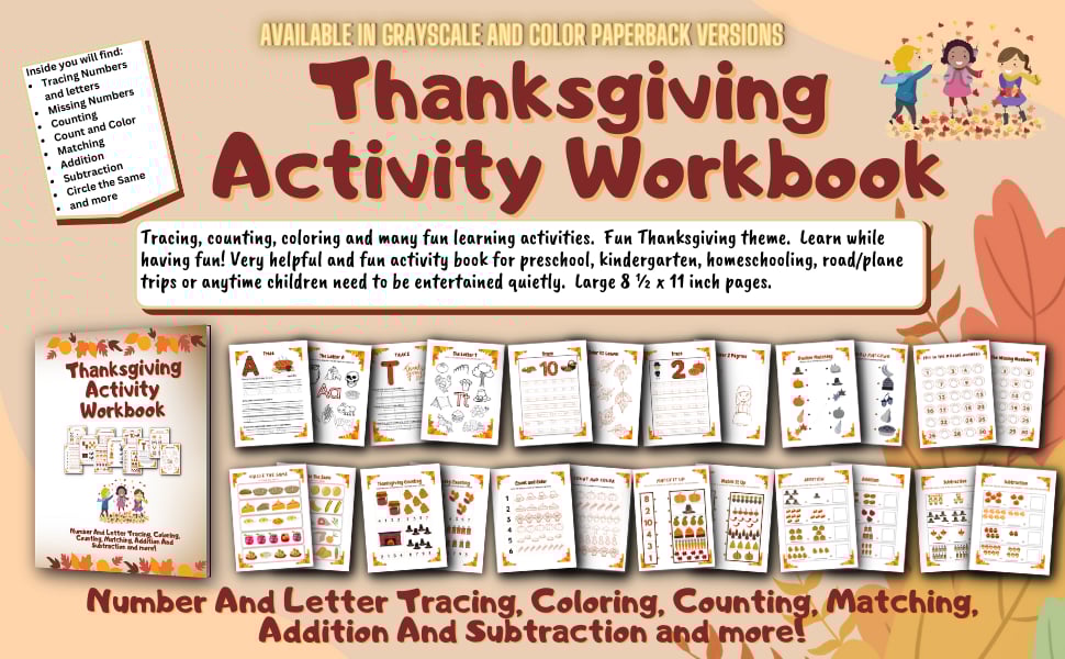 Thanksgiving Activity Workbook is a tracing, counting, coloring ...