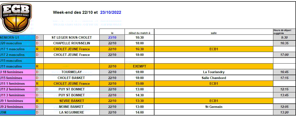 PLANNINGS MATCH ECB BASKET | ECB BASKET