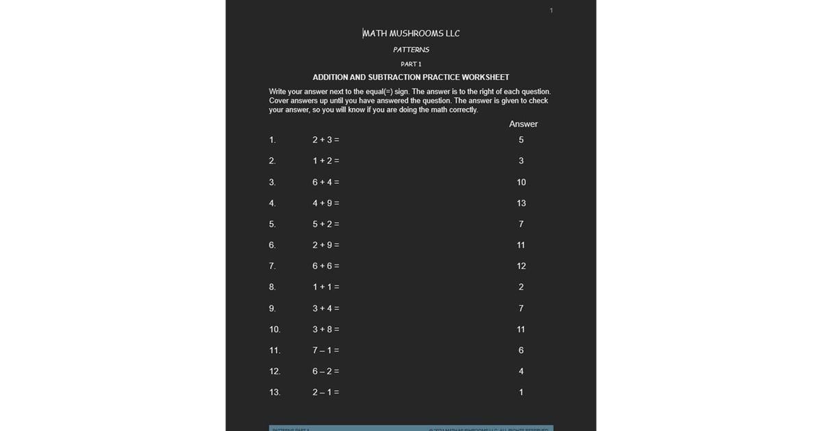 Patterns Part 1 Addition and Subtraction | Math Mushrooms LLC