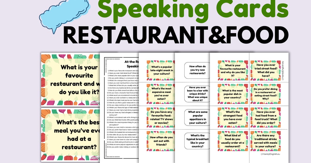 [PDF/PNG] Speaking Cards: Restaurant and Food | Handy English - ESL ...