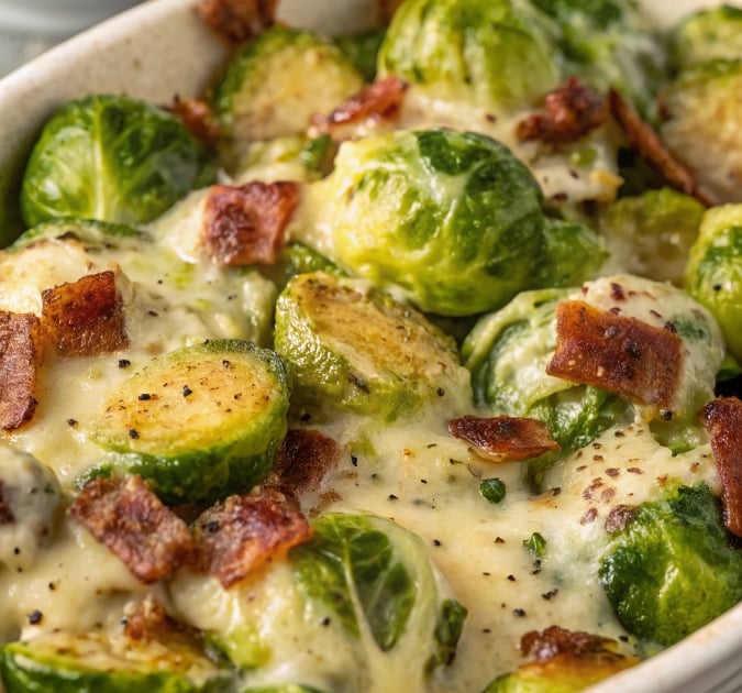Creamy Brussel Sprouts & Bacon Bake Recipe | CreAItive Works