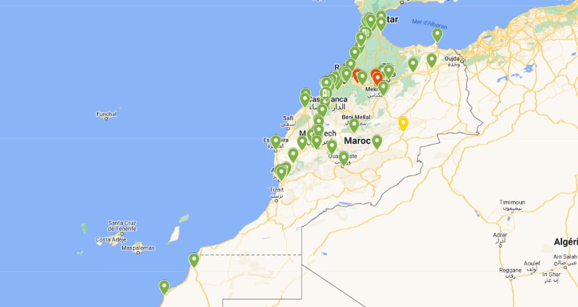 Carte des bornes de recharge publics au Maroc | TAQASOL