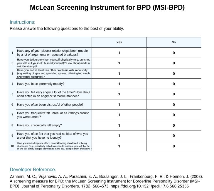 McLean Screening Instrument for BPD - MSI-BPD Tool | Borderline Information