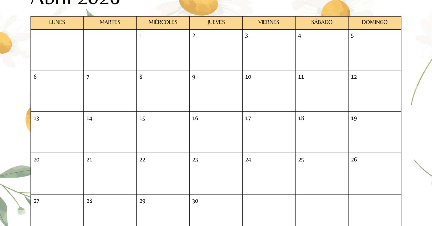 Calendario abril floral horizontal 2026 para imprimir gratis en PDF ...