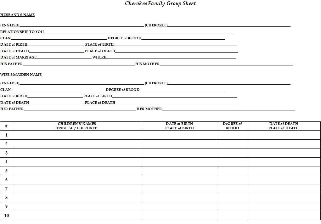 Cherokee Family Group Sheet | NativeStudy.com