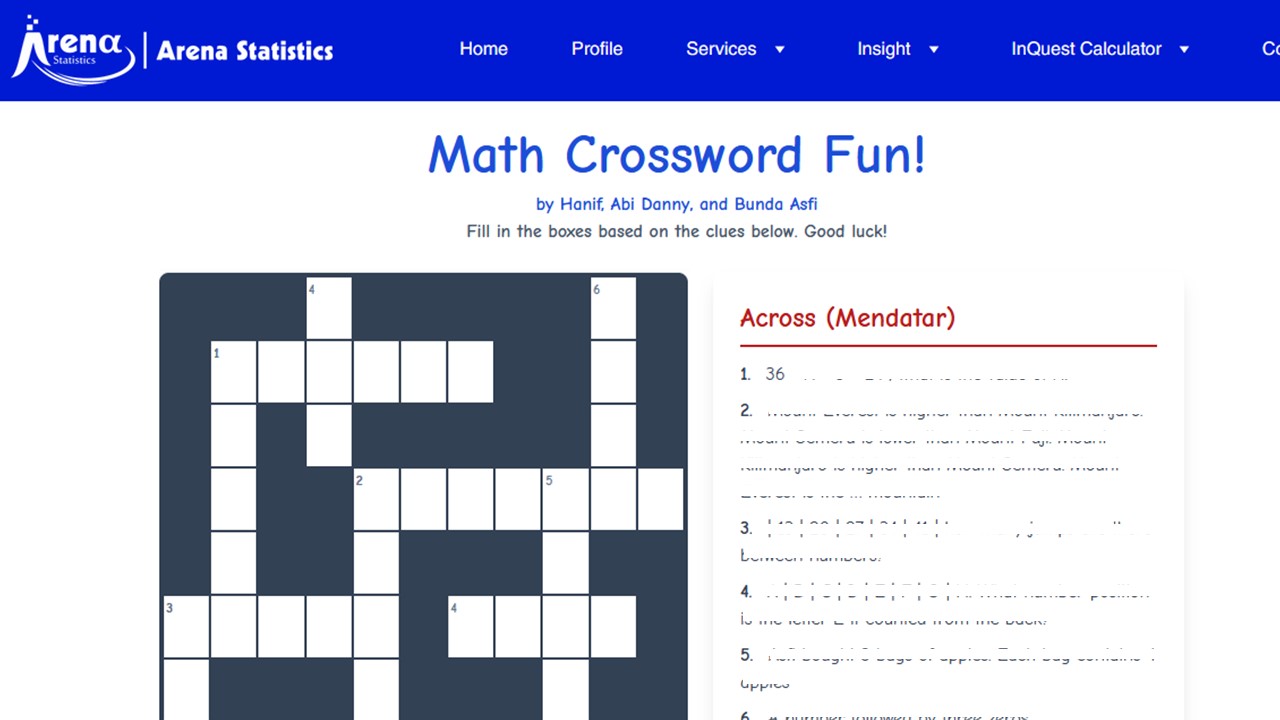 Math Crossword Puzzle A1 | http://arenastatistics.com