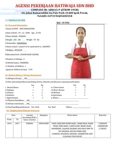 Agensi Pekerjaan Hatiwaja Maid Biodata | 1st Malaysia Trusted Maid Agency