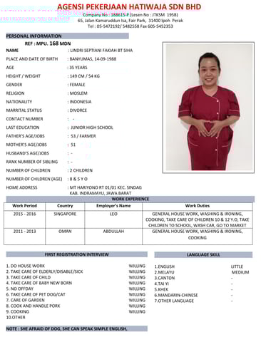 Agensi Pekerjaan Hatiwaja Maid Biodata | 1st Malaysia Trusted Maid Agency