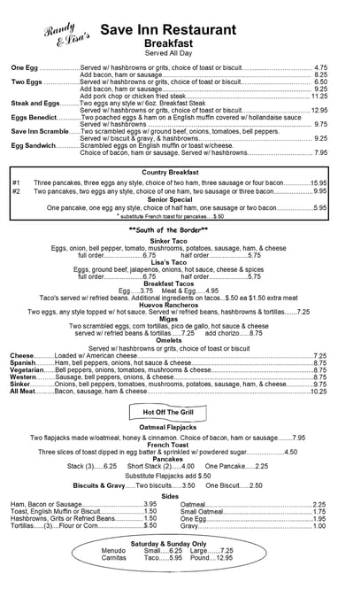Menu | Save Inn Restaurant