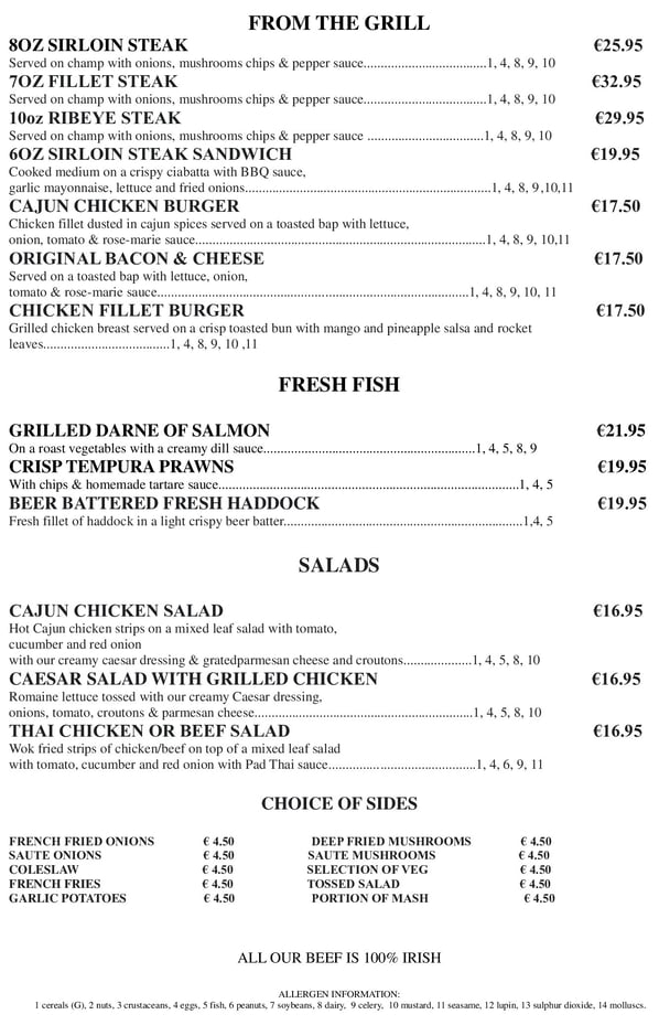 Food Menu | The Tree Top Bar & Grill The Steeringwheel Clondalkin