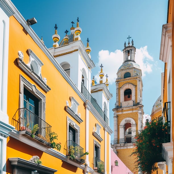 a church steeple with a clock tower in puebla, mexico