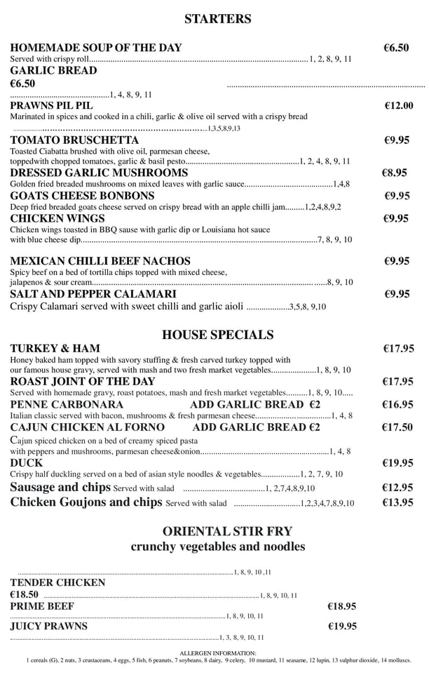 Food Menu | The Tree Top Bar & Grill The Steeringwheel Clondalkin