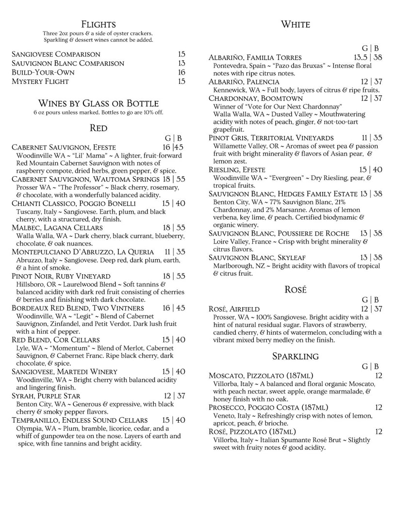 BAR MENU | The Nocturnal Hound Wine Bar and Bottle Shop