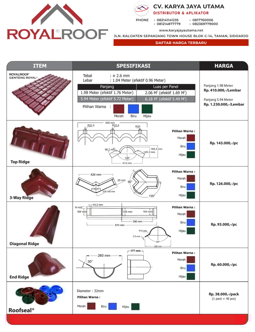 Daftar Harga Genteng uPVC Royalroof Terbaru